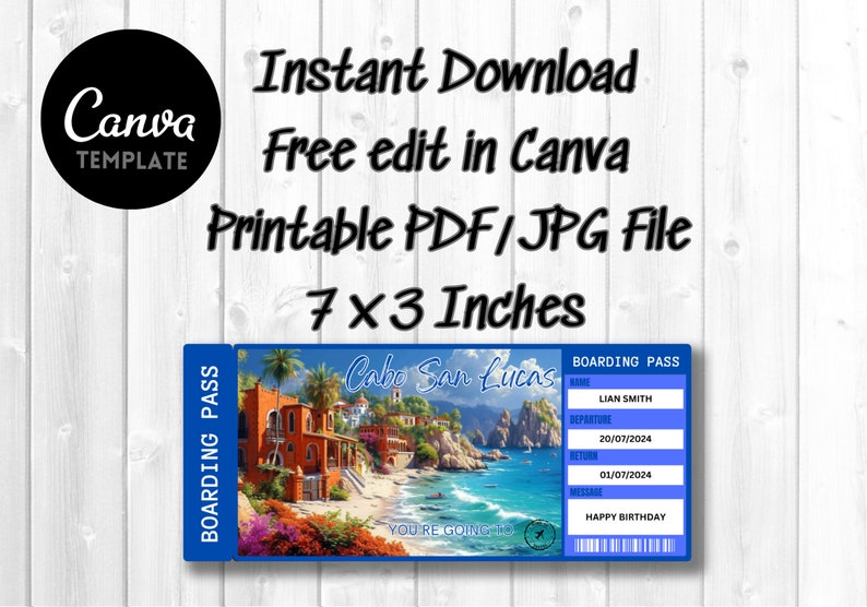 Printable Cabo San Lucas Travel Gift Ticket. Boarding Pass/vacation ...