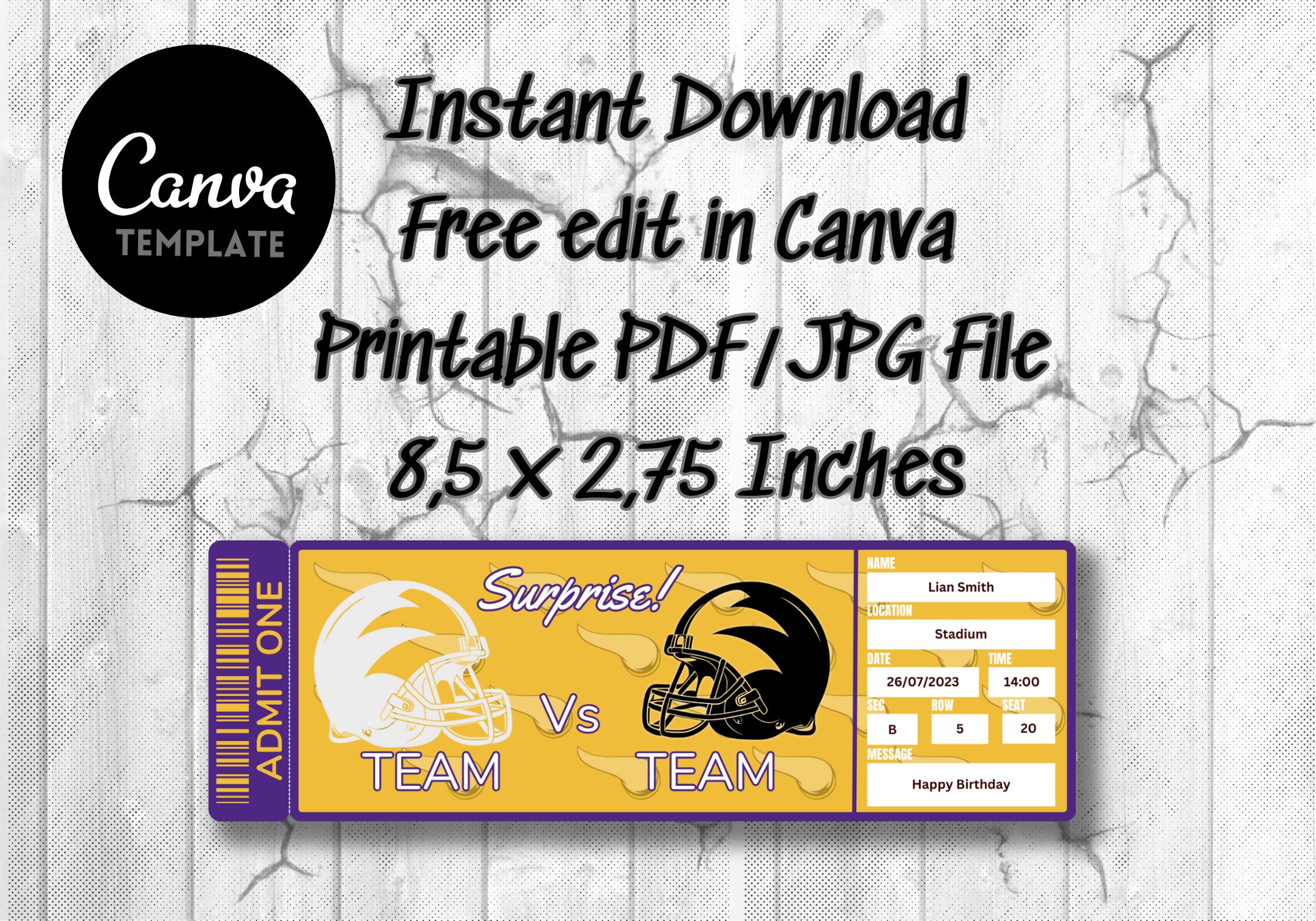 Ticket Template for Football Game Tampa Bay Colors Surprise , Instant ...