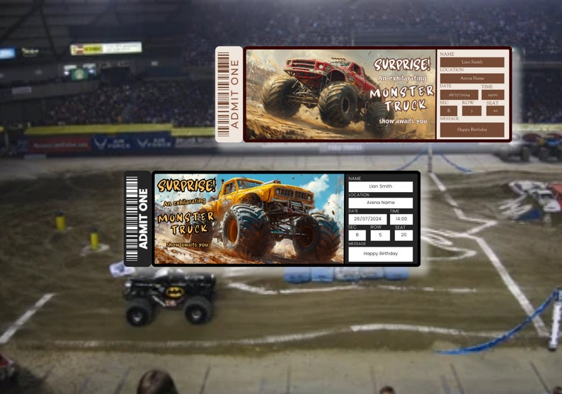 Printable Monster Truck Ticket Template, Surprise Editable Monster ...