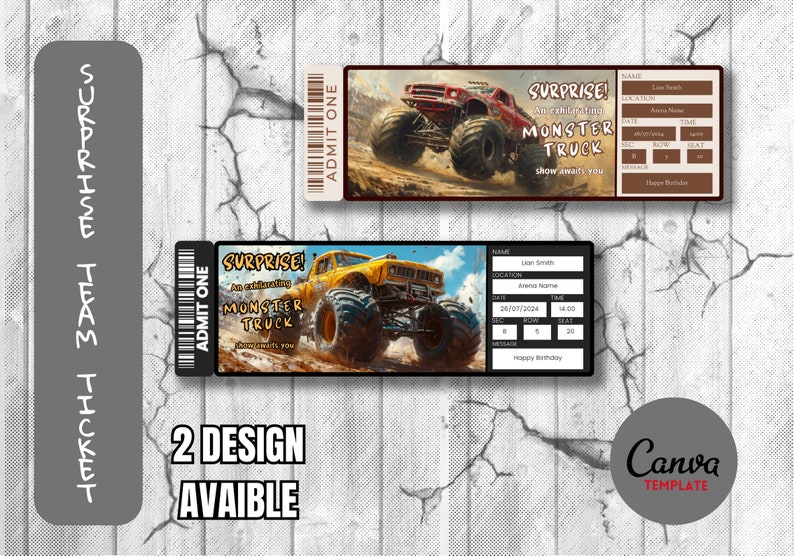 Printable Monster Truck Ticket Template, Surprise Editable Monster ...