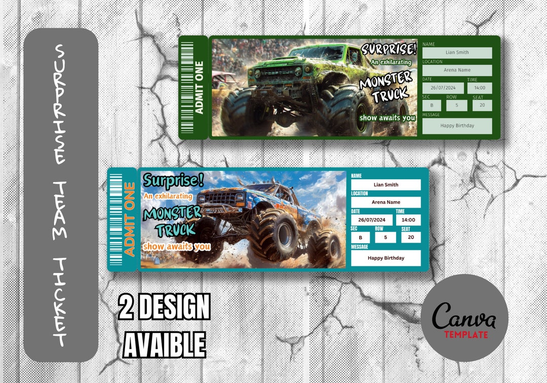 Editable Monster Truck Surprise Ticket, Printable Canva Template - Etsy