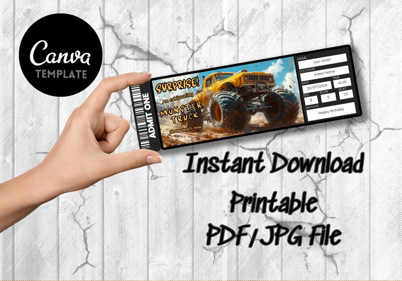 Printable Monster Truck Ticket Template, Surprise Editable Monster ...