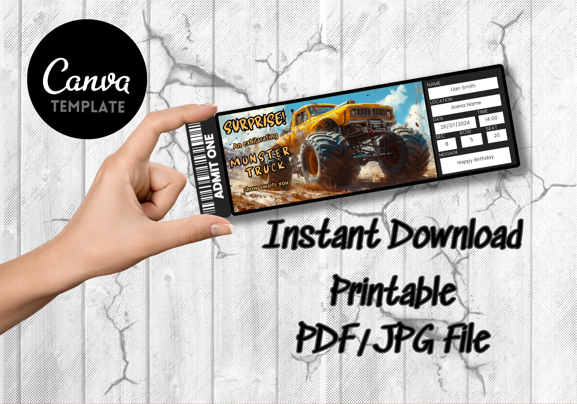 Printable Monster Truck Ticket Template, Surprise Editable Monster ...