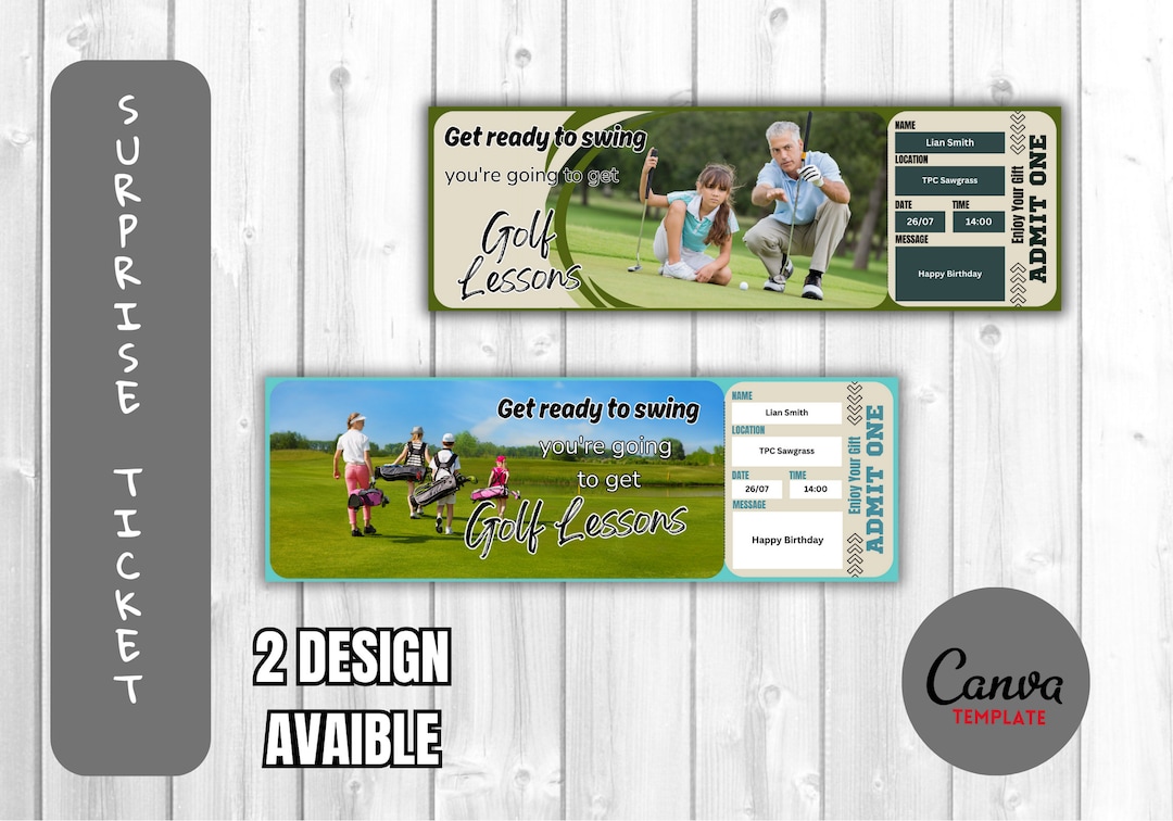 Canva Editable Golf Ticket, Golf Lesson Gift,golf Surprise, Birthday or ...
