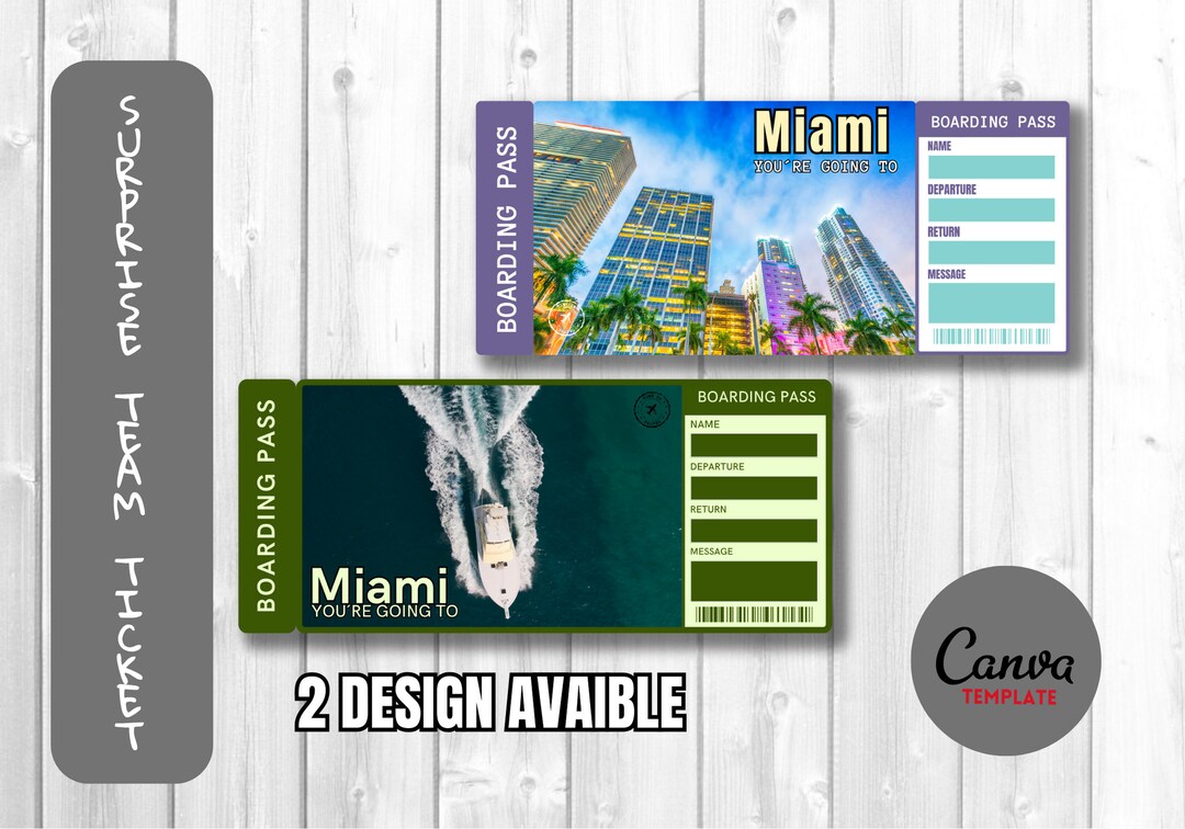 Printable Miami Surprise Travel Gift Ticket. Boarding Pass/vacation ...