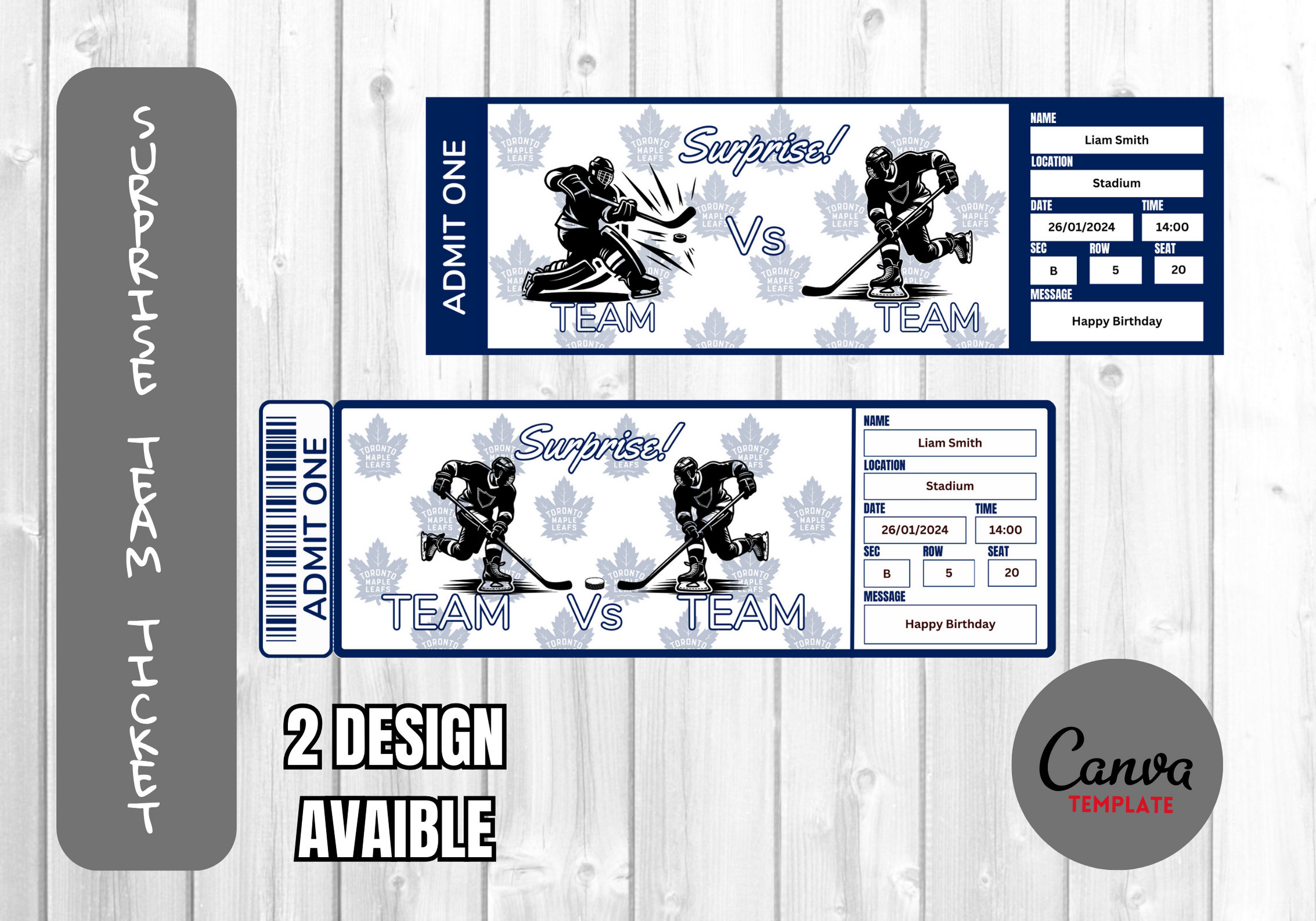 Surprise Ticket Template for Hockey Game Toronto Colors, Instant ...