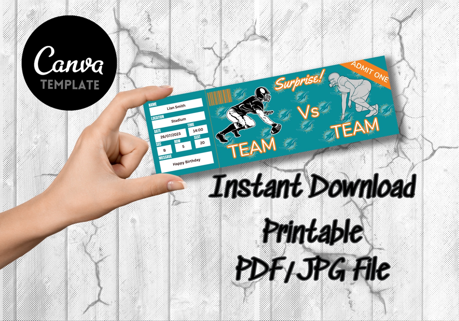 Ticket Template for Football Game Tampa Bay Colors Surprise , Instant ...