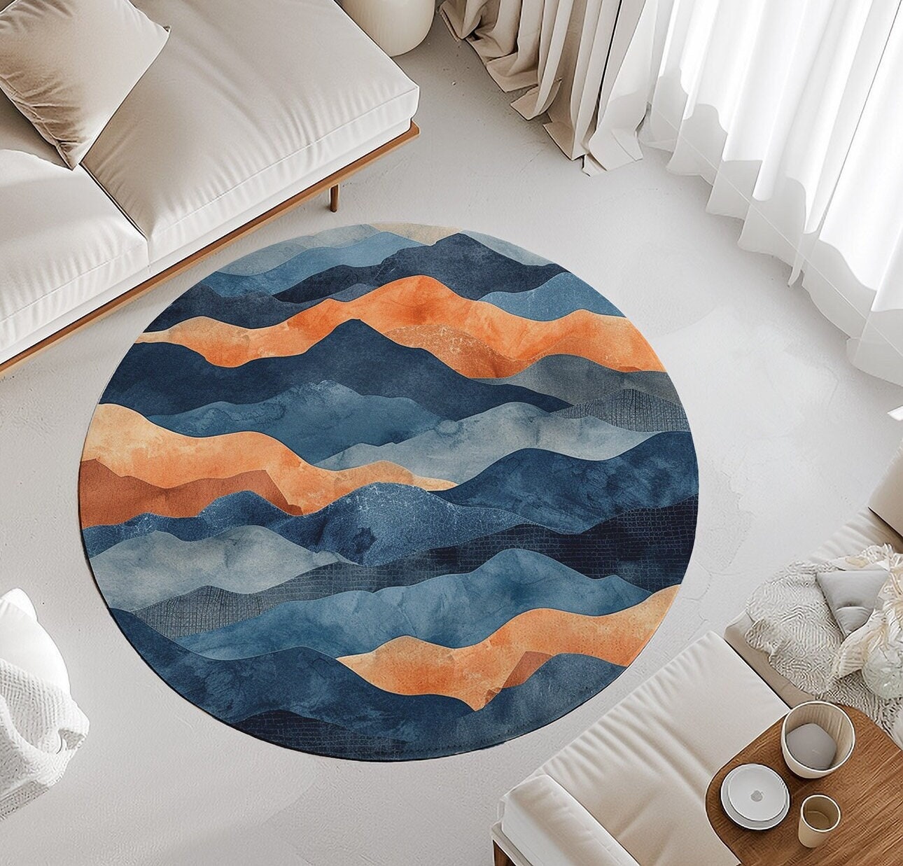 Round Rug Blue and Coral Wavy Abstract Area Rug Living Room Rug Wavy ...