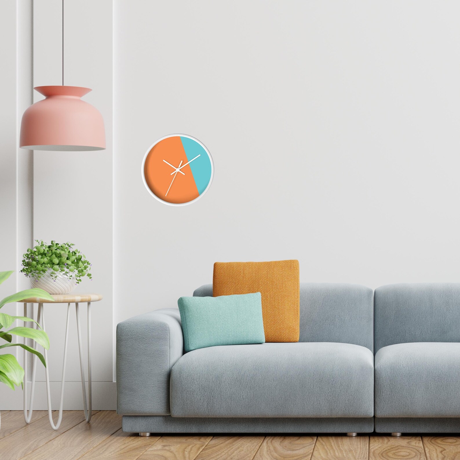 Orange Turquoise Dual Color Wall Clock Minimalist Retro Clock for ...