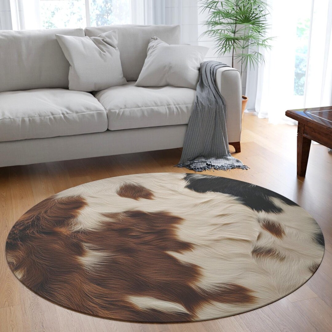 Round Rug Black Brown Speckled Cow Hide Image Rustic Western Design ...