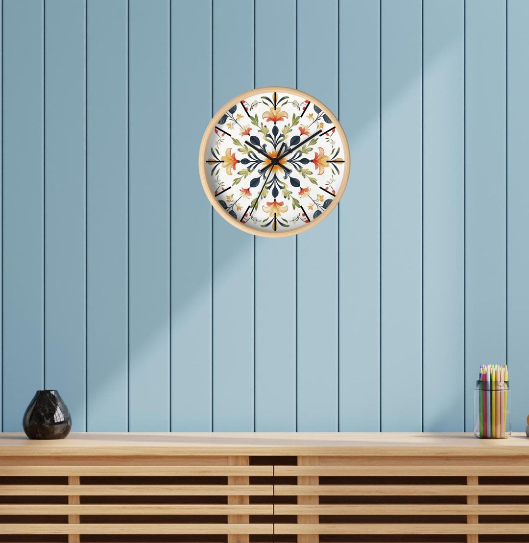 Scandinavian Rosemaling Wall Clock Folk Art With Peach and Green Tones ...