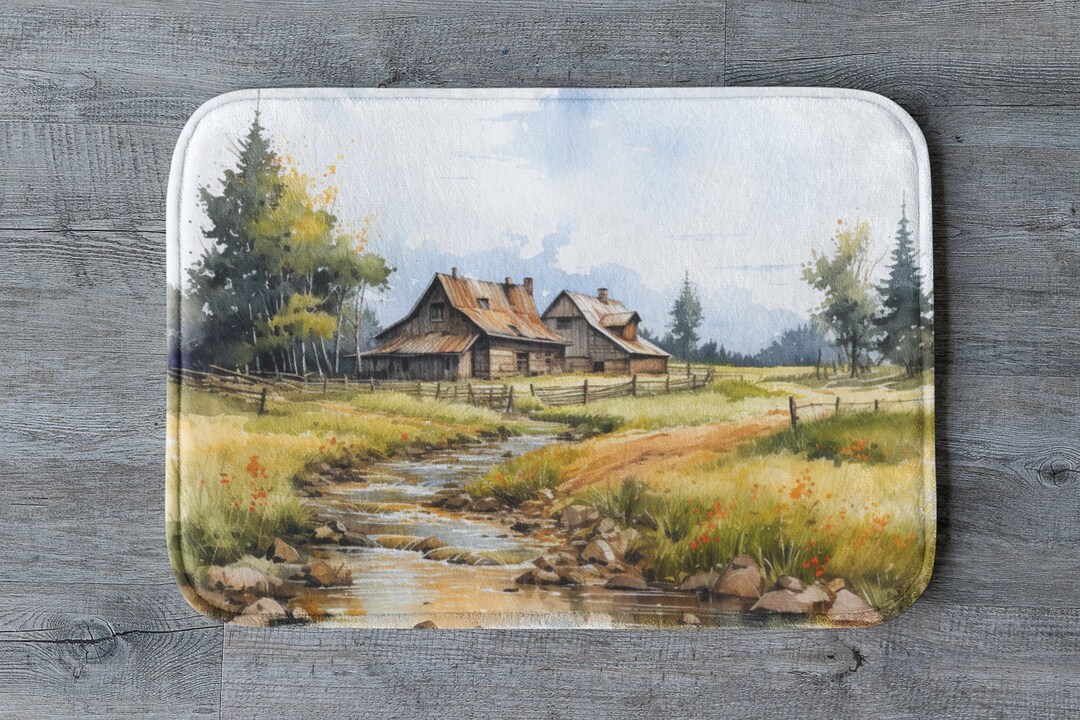 Bath Mat Old Farmhouse Watercolor Mat Rustic Country Shower Mat ...