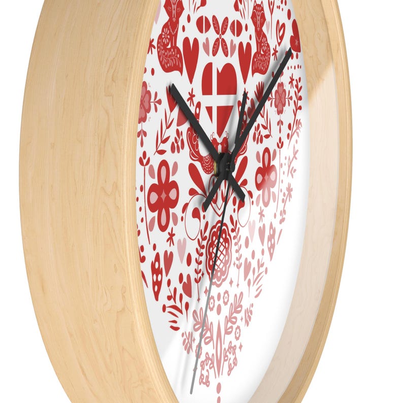 Scandinavian Heart Wall Clock Folk Art Red & White Wall Decor Clock ...