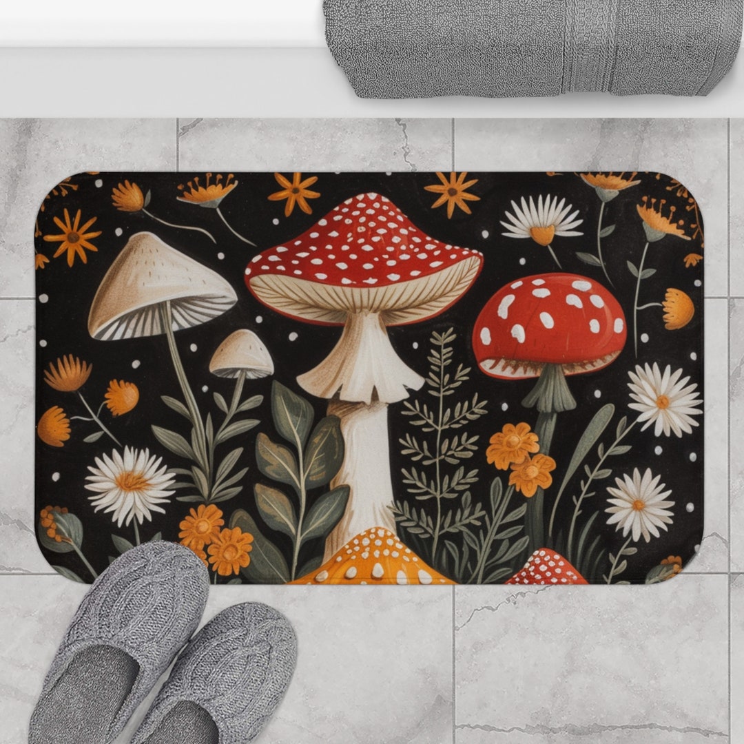 Bath Mat Scandinavian Wild Mushroom Folk Art Bath Mat Forestcore Black ...