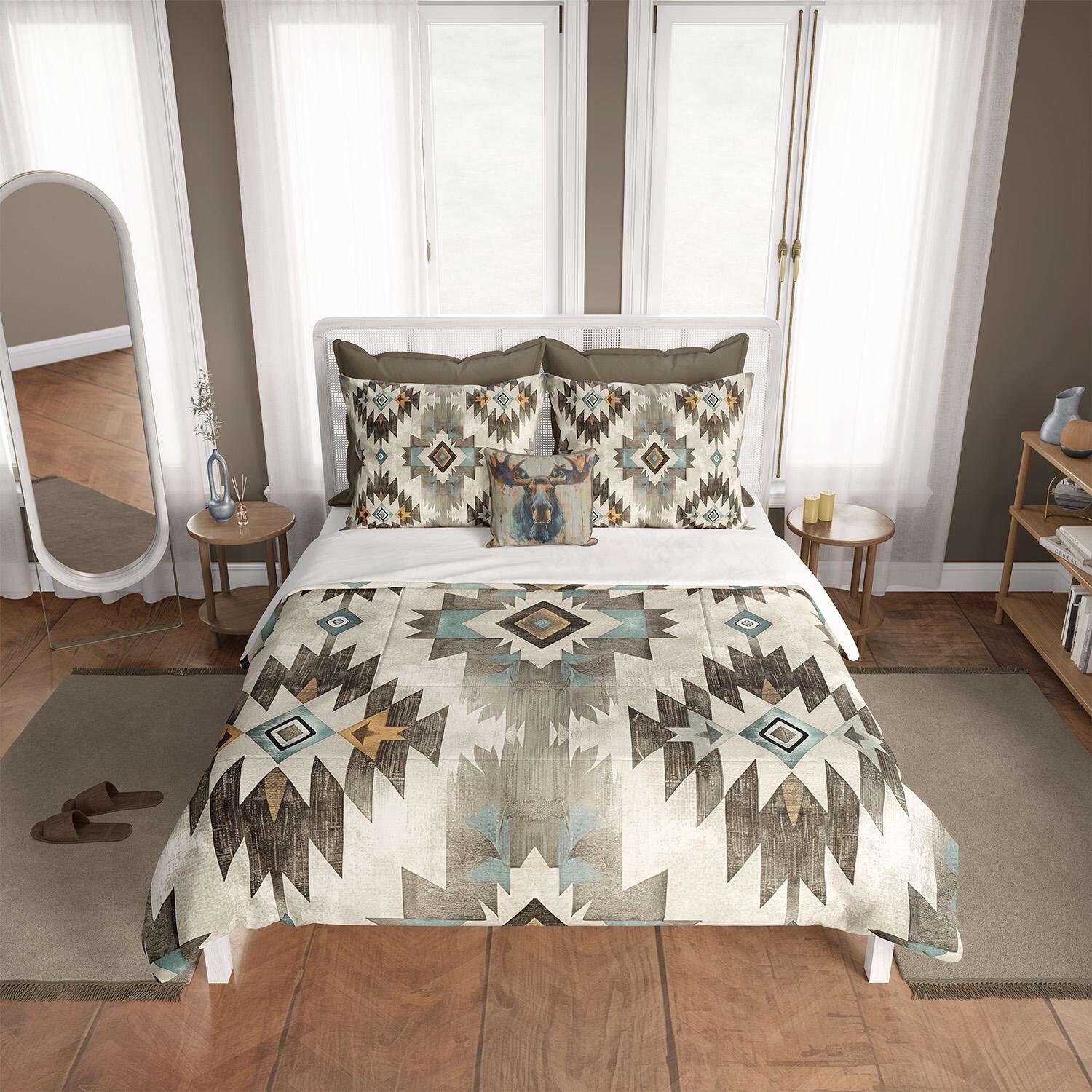 Rustic Geometric Southwestern Bedding Set Jade Beige Western Navajo Set ...