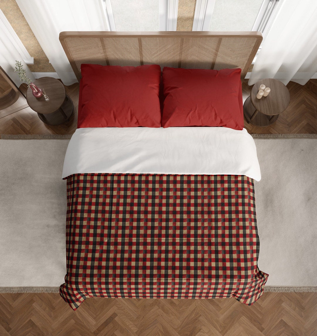 Rustic Plaid Comforter Red Black Gold Checker Pattern Cozy Bedding ...