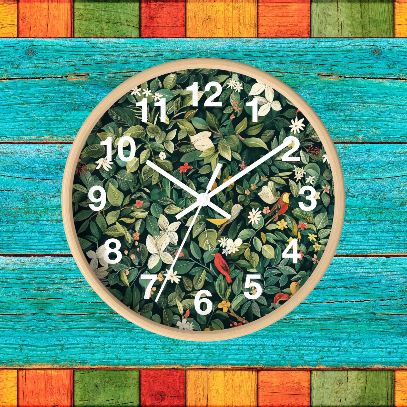 Botanical Jungle Wall Clock With Birds Green Jungle Abstract Wall Decor ...