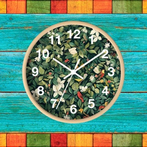 Botanical Jungle Wall Clock With Birds Green Jungle Abstract Wall Decor ...