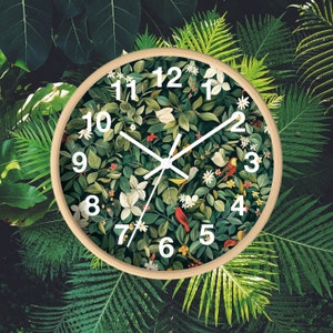 Botanical Jungle Wall Clock With Birds Green Jungle Abstract Wall Decor ...
