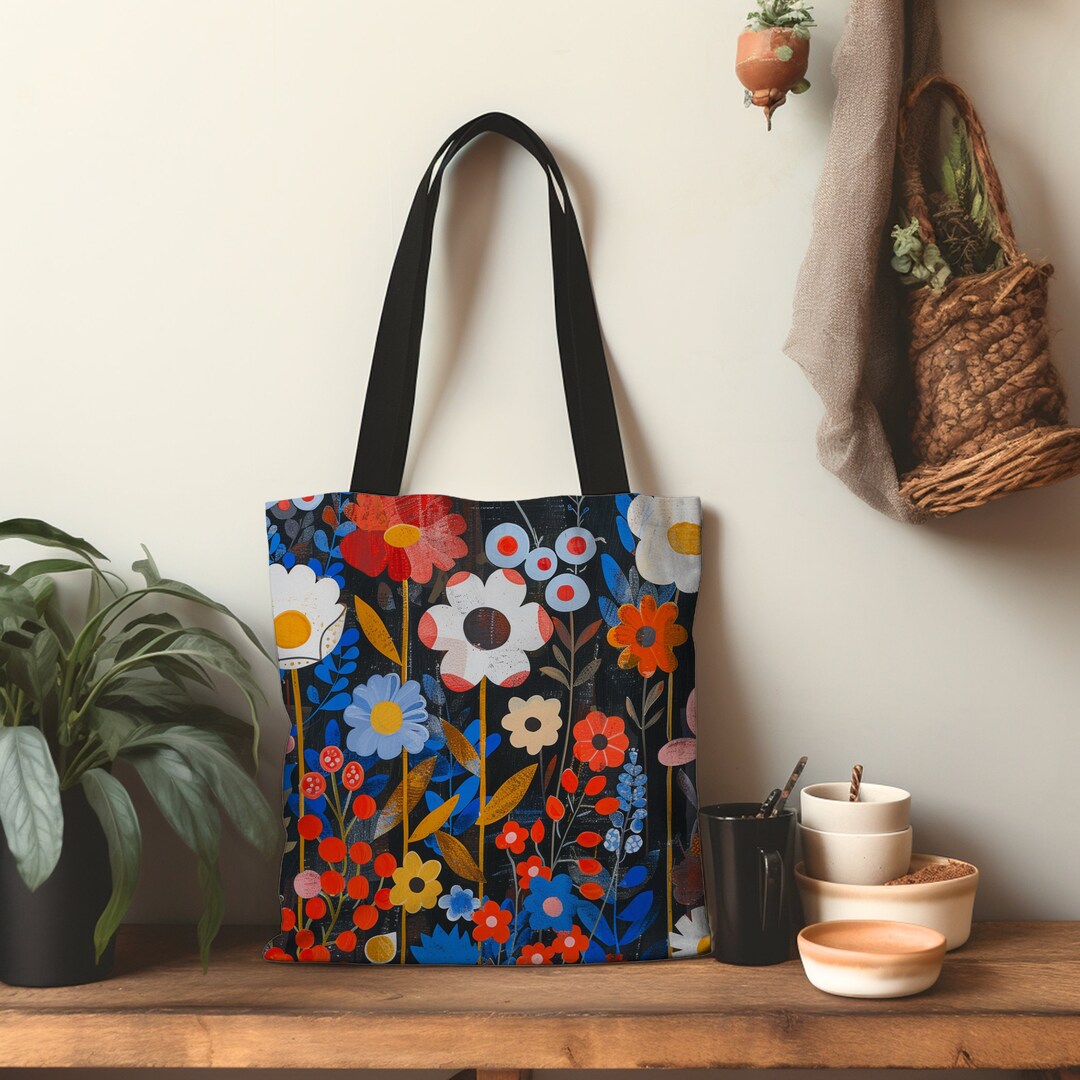 Vibrant Japandi Floral Tote Bag Abstract Flower Tote Bright Floral ...