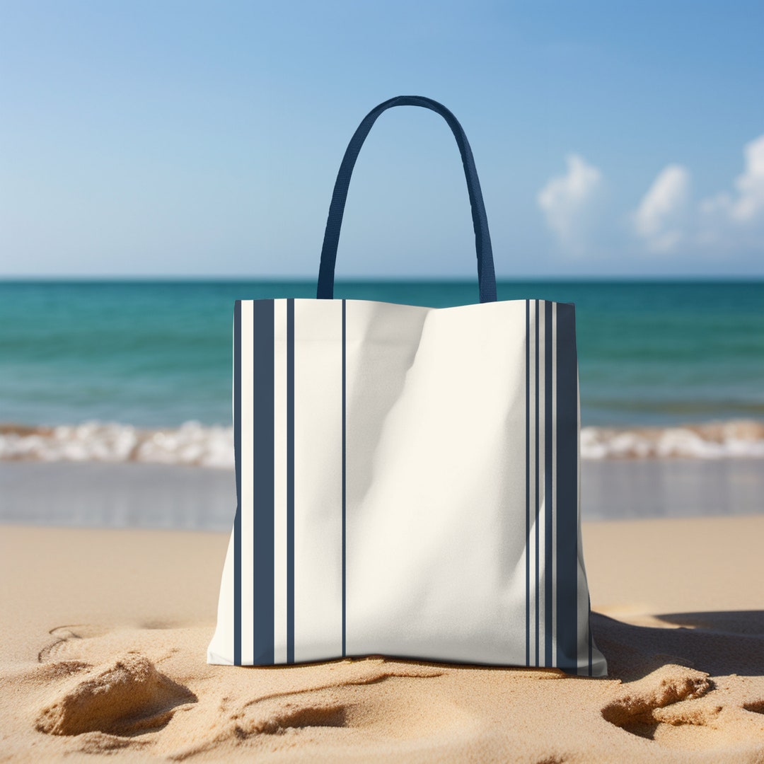 Elegant Blue Stripe Tote Bag Navy Blue Striped Reusable Bag Mid Century ...