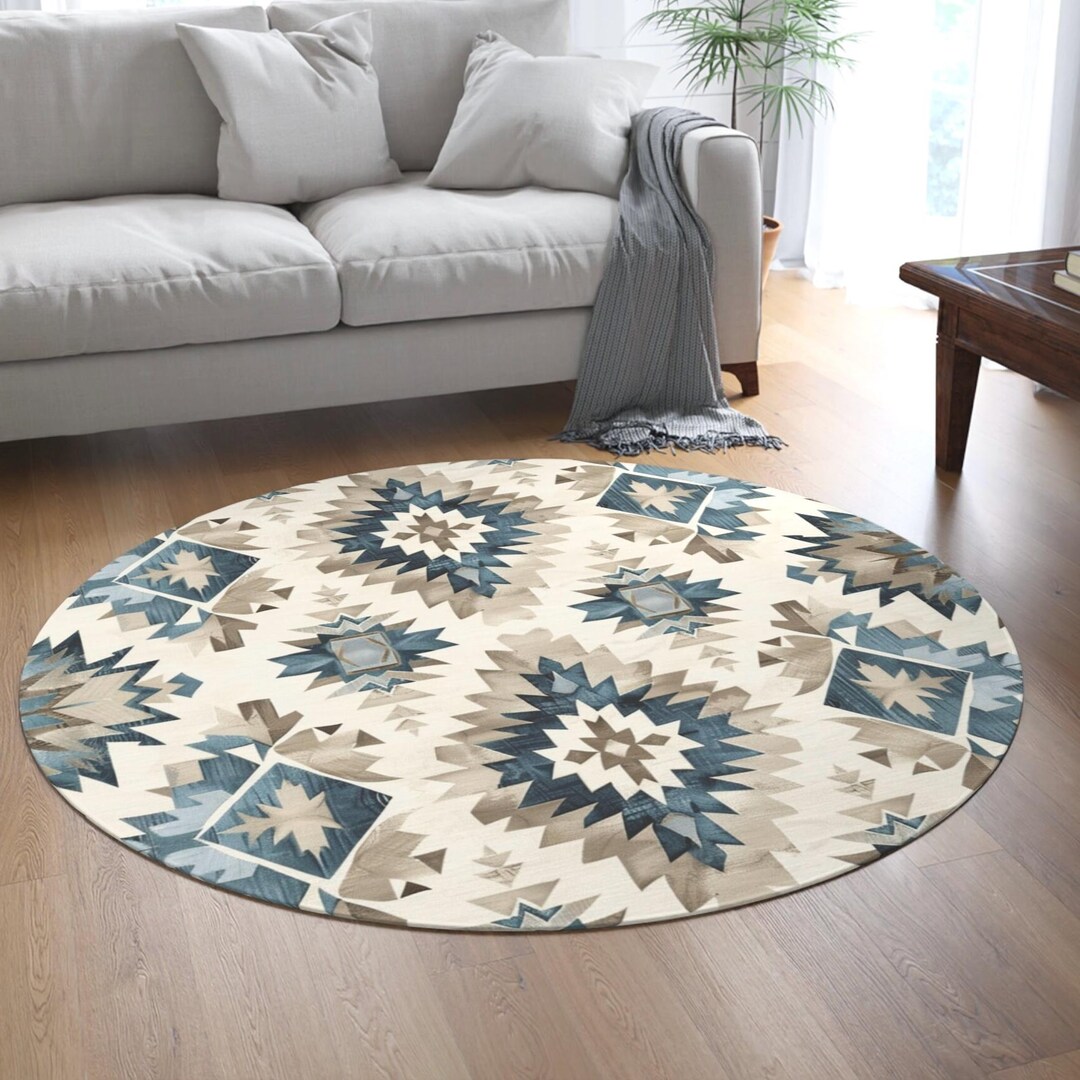 Round Rug Modern South Western Area Rug Blue & Gray Navajo Design Rug ...