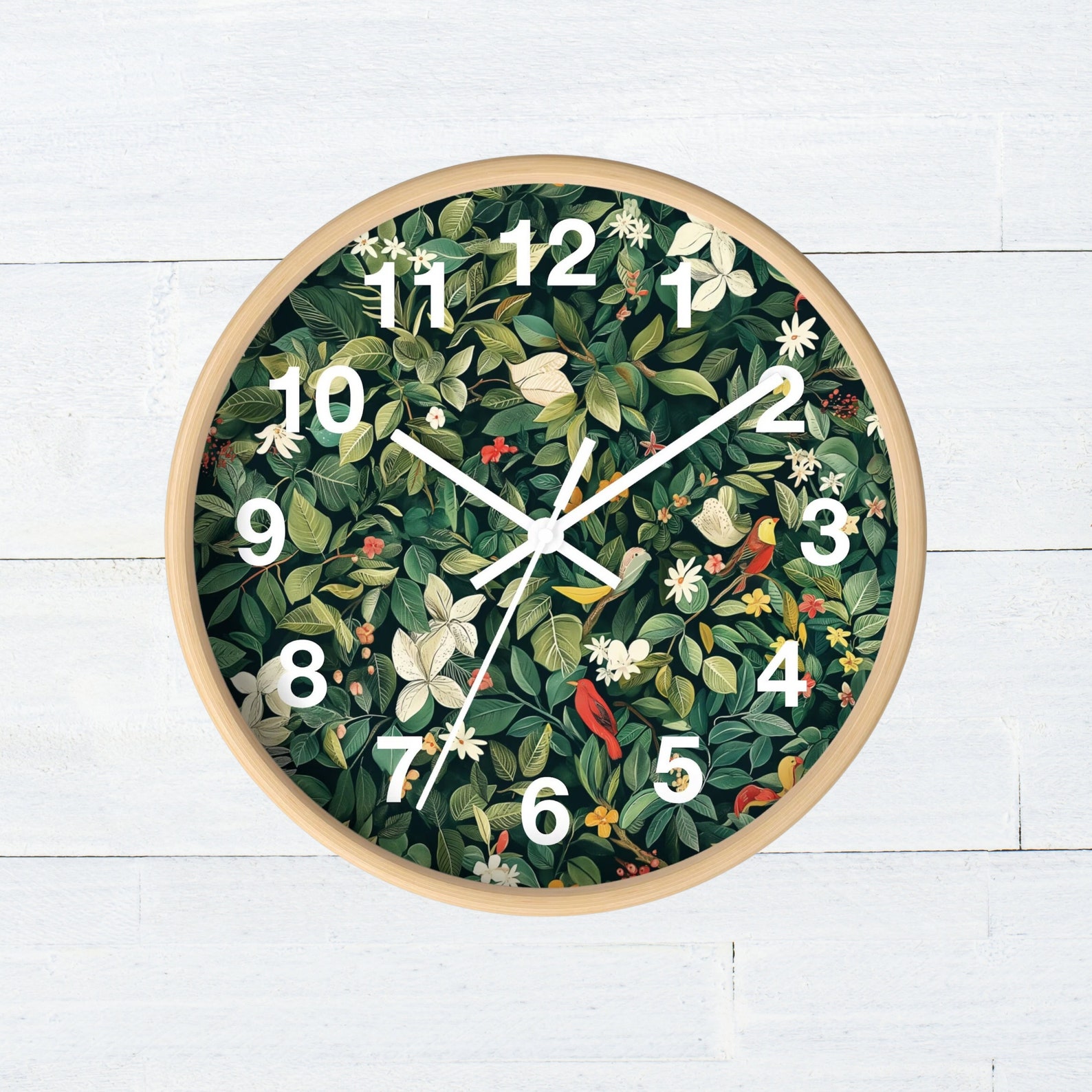 Botanical Jungle Wall Clock With Birds Green Jungle Abstract Wall Decor ...