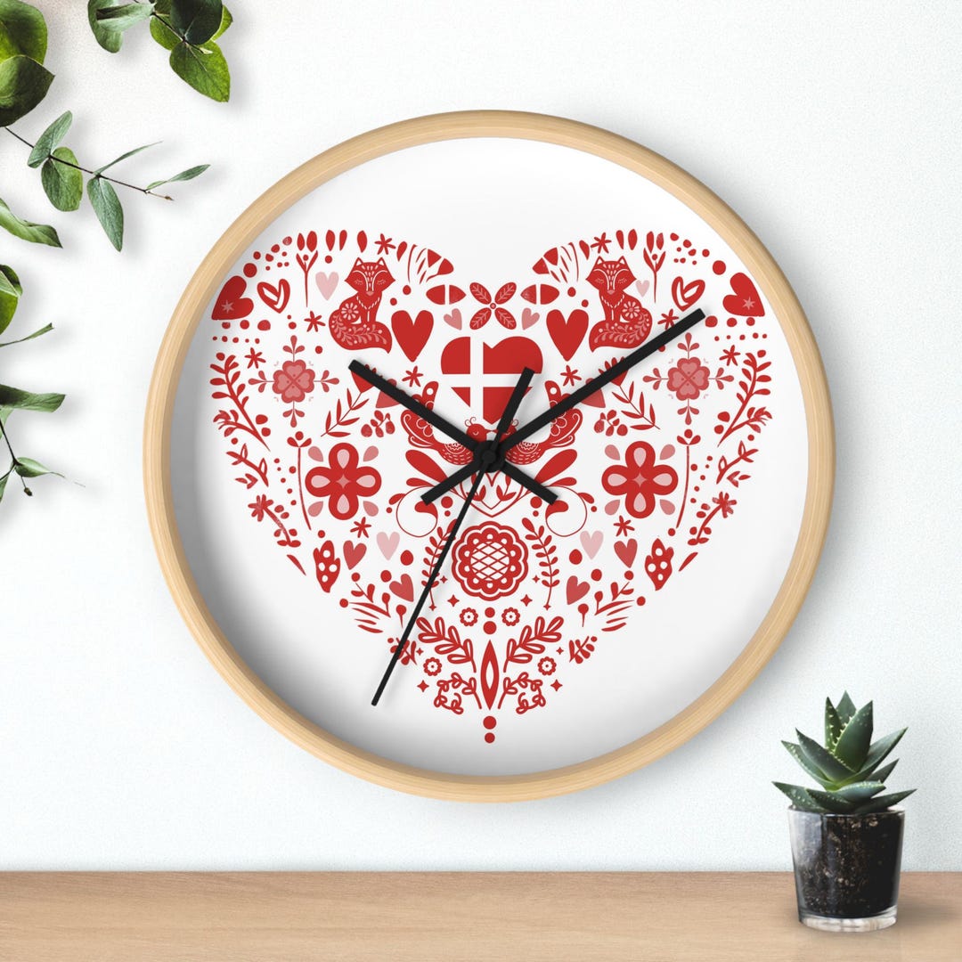 Scandinavian Heart Wall Clock Folk Art Red & White Wall Decor Clock ...