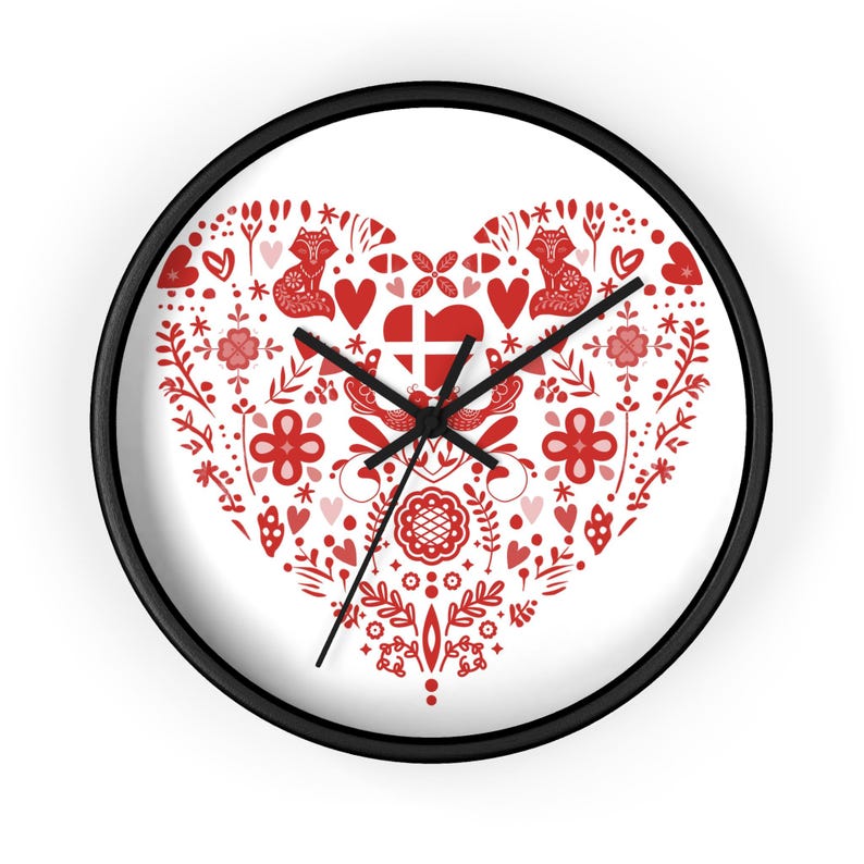 Scandinavian Heart Wall Clock Folk Art Red & White Wall Decor Clock ...