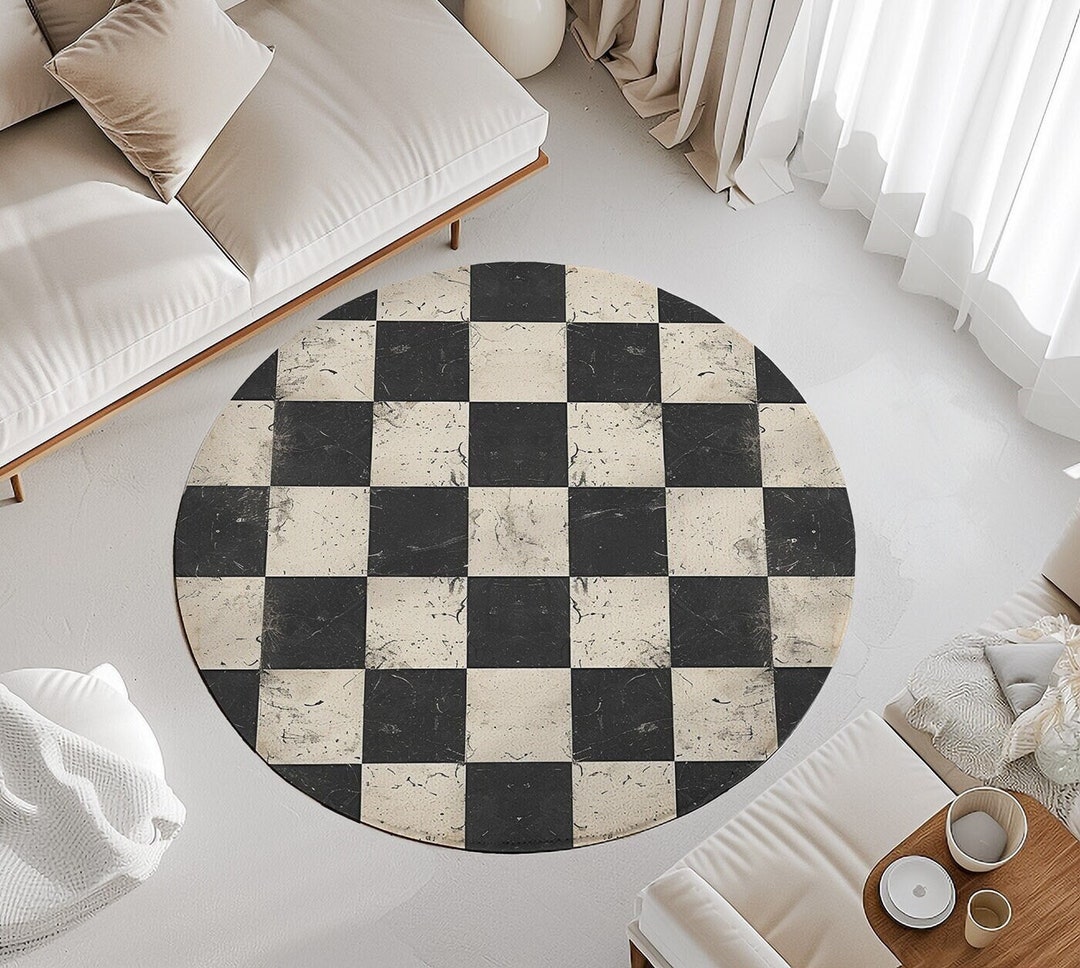 Round Rug Aged Black White Checker Area Rug Living Room Rug Check ...