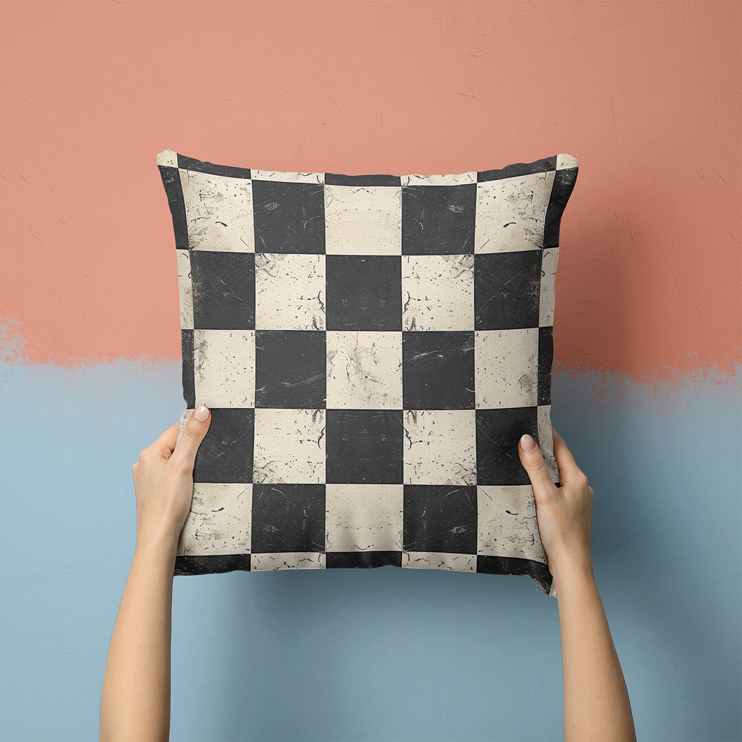 Square Pillow Aged Black White Checker Accent Pillow Check Pattern ...
