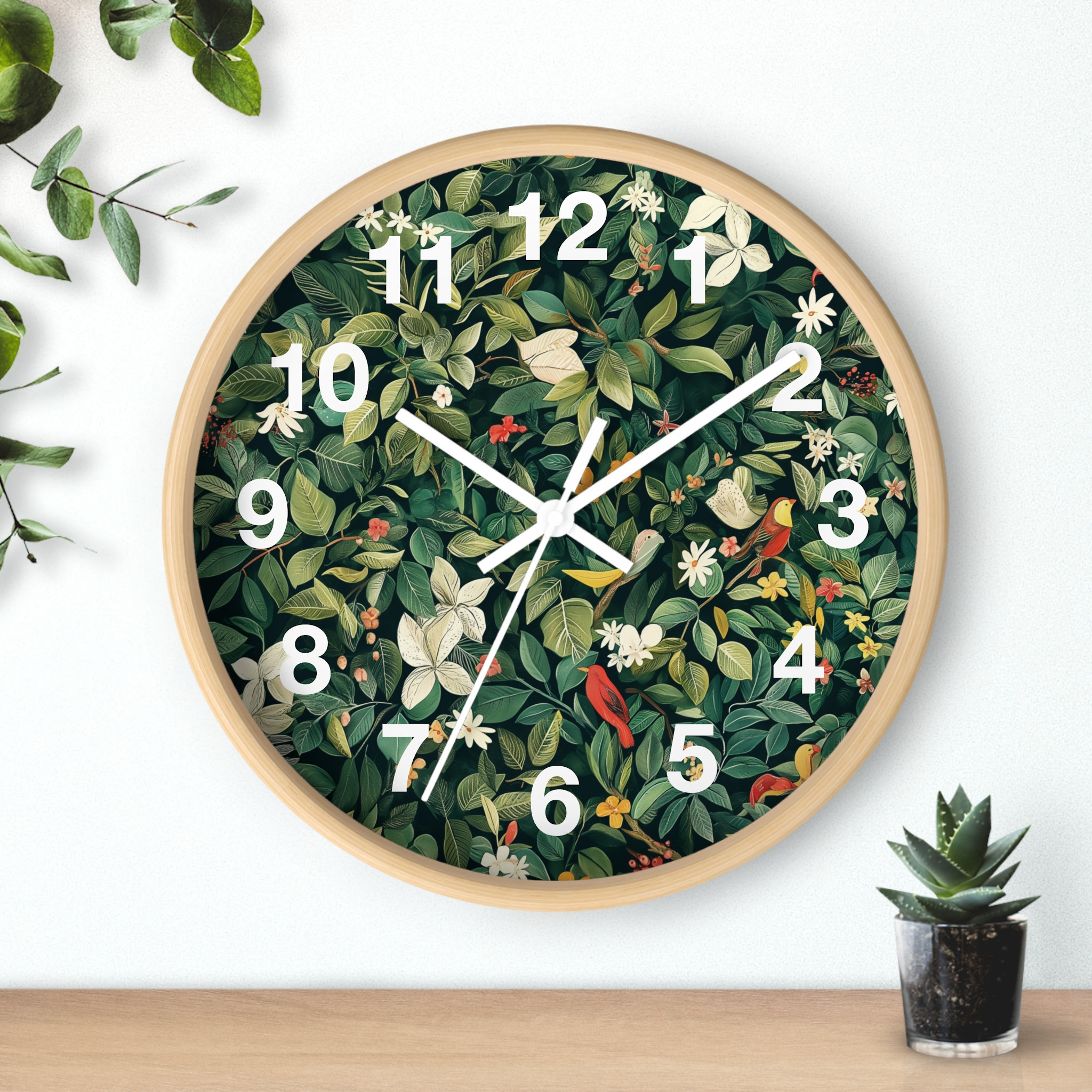 Botanical Jungle Wall Clock With Birds Green Jungle Abstract Wall Decor ...