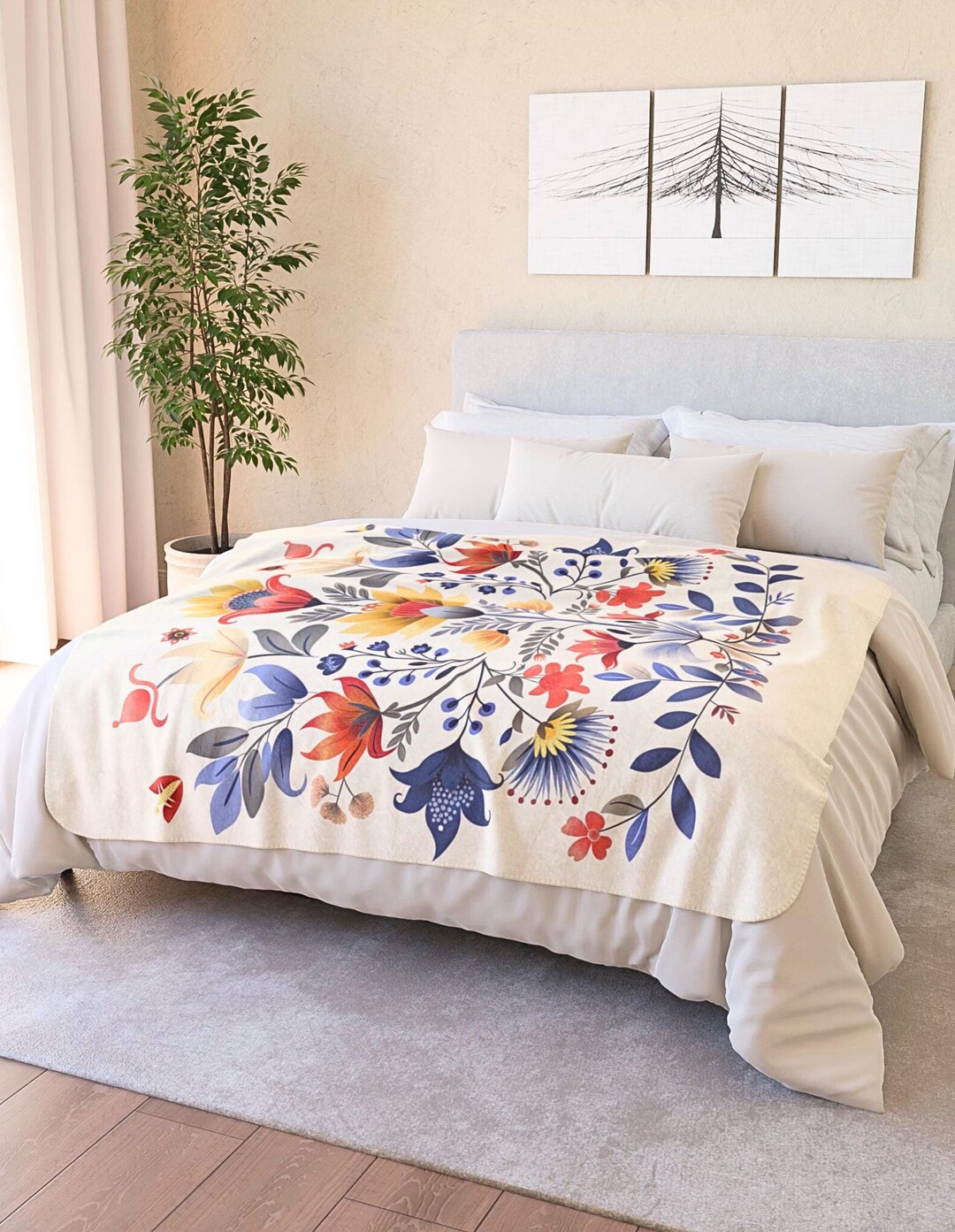 Scandinavian Floral Sherpa Blanket Cozy Hygge Living Blanket Nordic ...