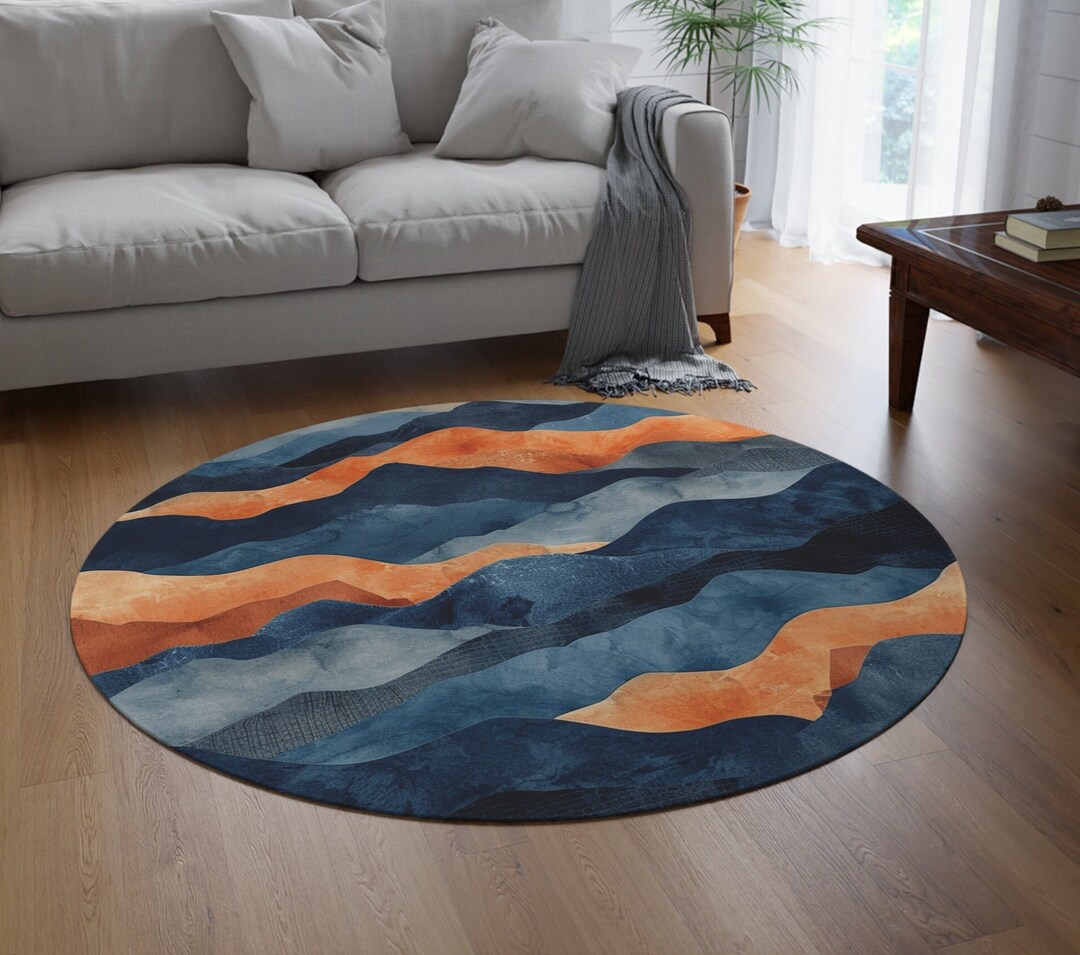 Round Rug Blue and Coral Wavy Abstract Area Rug Living Room Rug Wavy ...