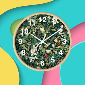 Botanical Jungle Wall Clock With Birds Green Jungle Abstract Wall Decor ...