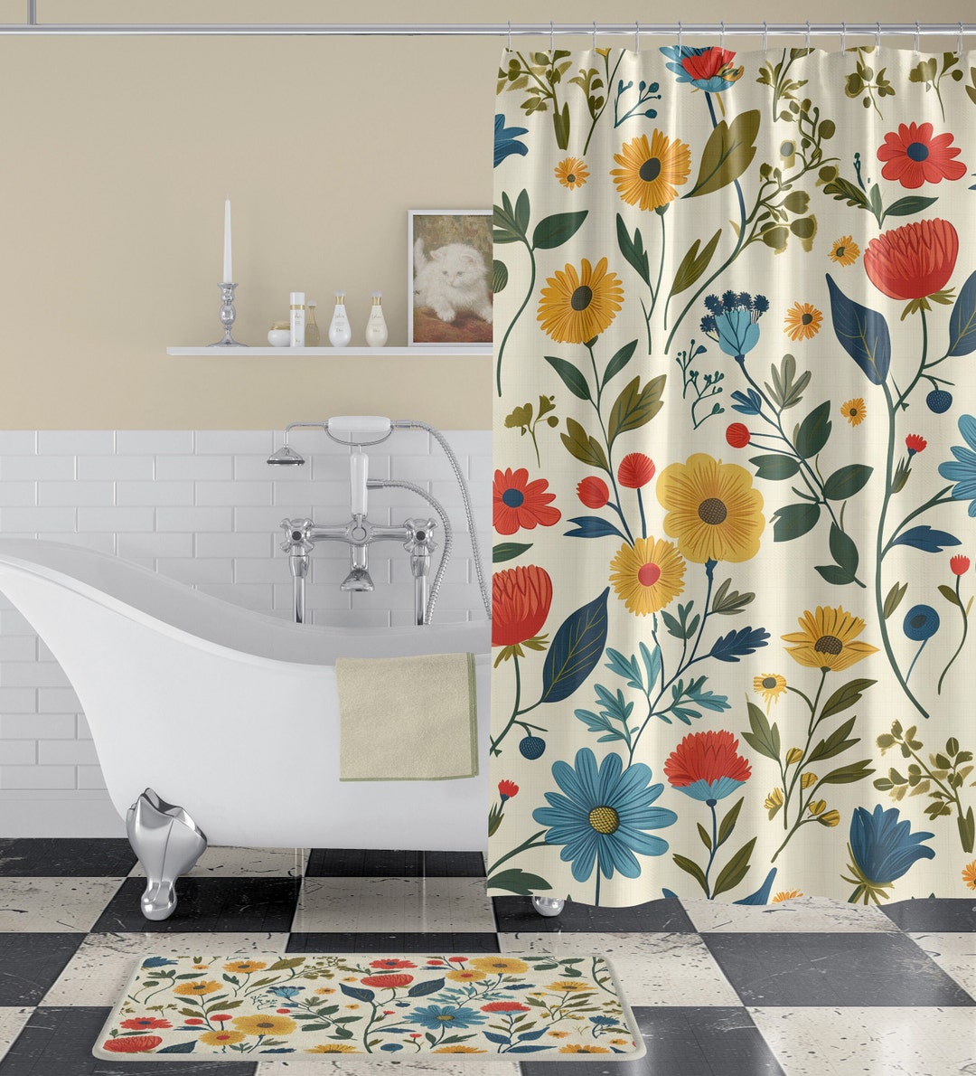 Scandinavian Floral Image Shower Curtain Nordic Shower Curtain Floral ...