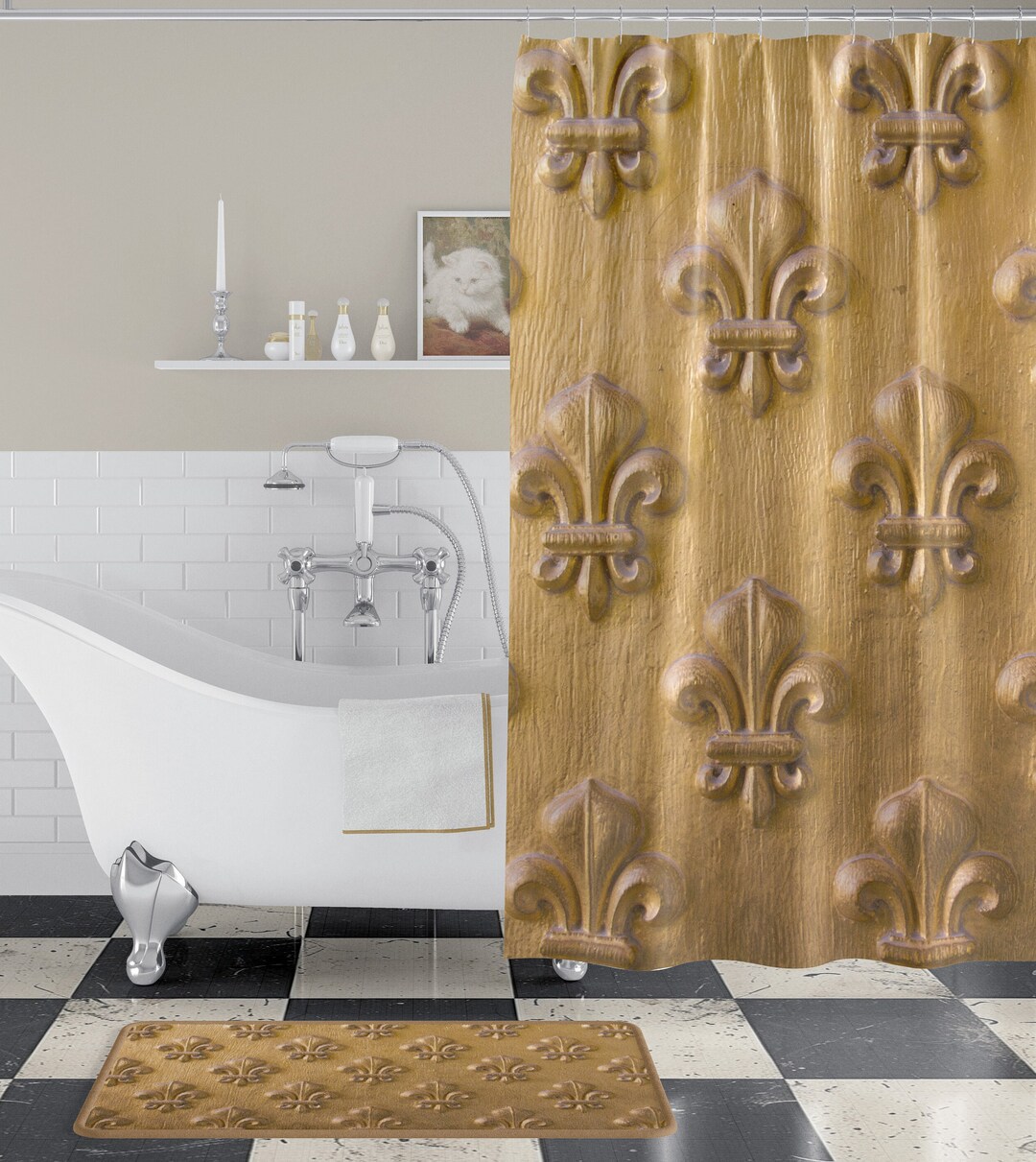 Golden Fleur De Lis Shower Curtain Elegant Pattern Luxurious Bathroom ...