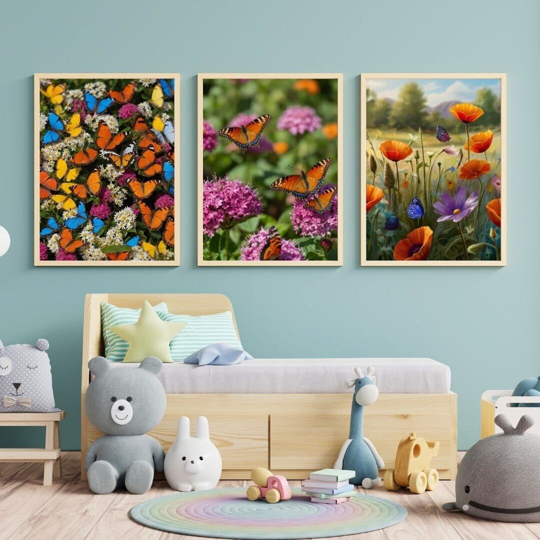 Butterfly and Flower Wall Art, Butterflies and Wildflowers Home Decor ...