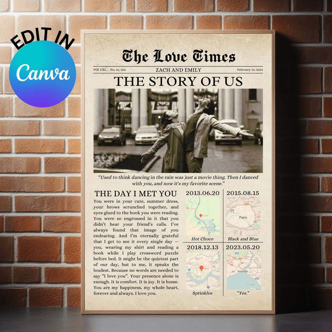 Printable Valentines Newspaper Love Poster Editable Canva Template ...