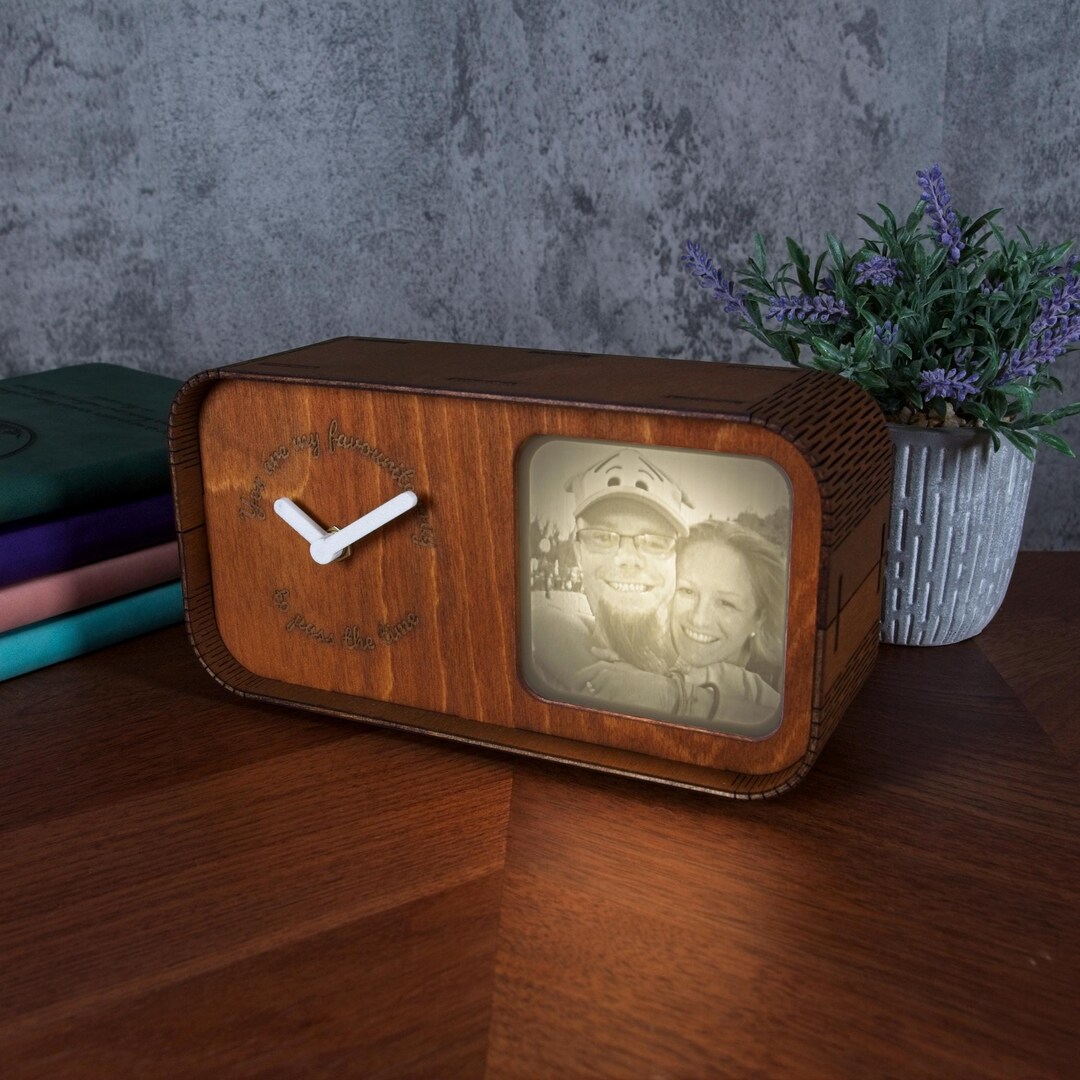 Personalised Lithophane Lamp and Clock Finished in Dark Natural Finish ...