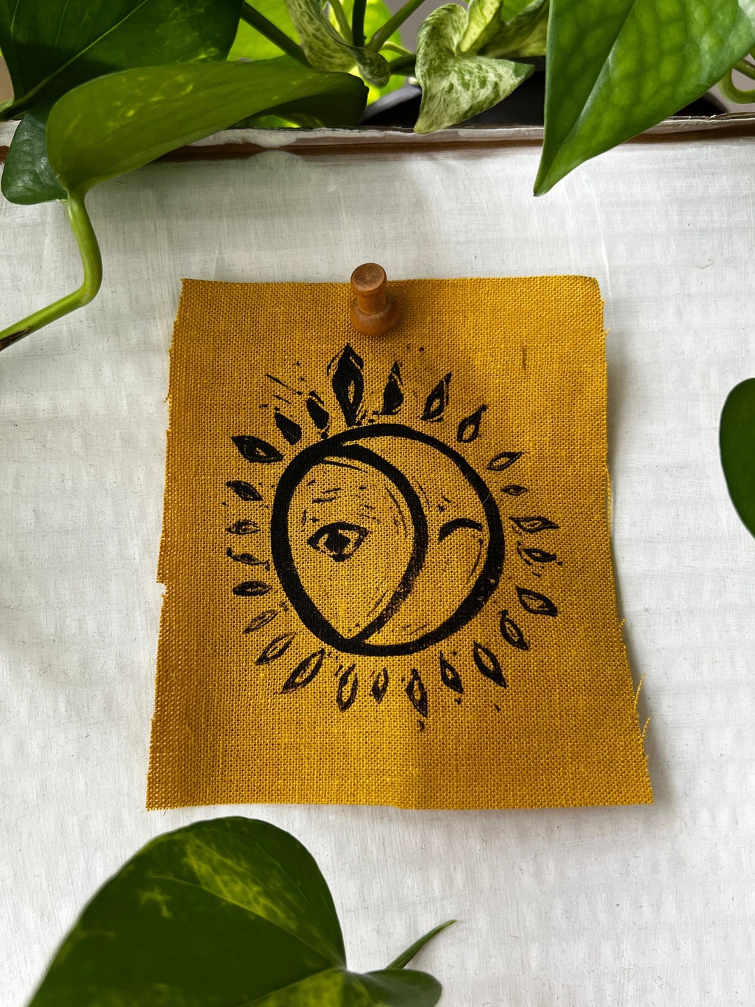Handmade Block Printed Linen Patch Individual Punk Linocut Print of Sun ...