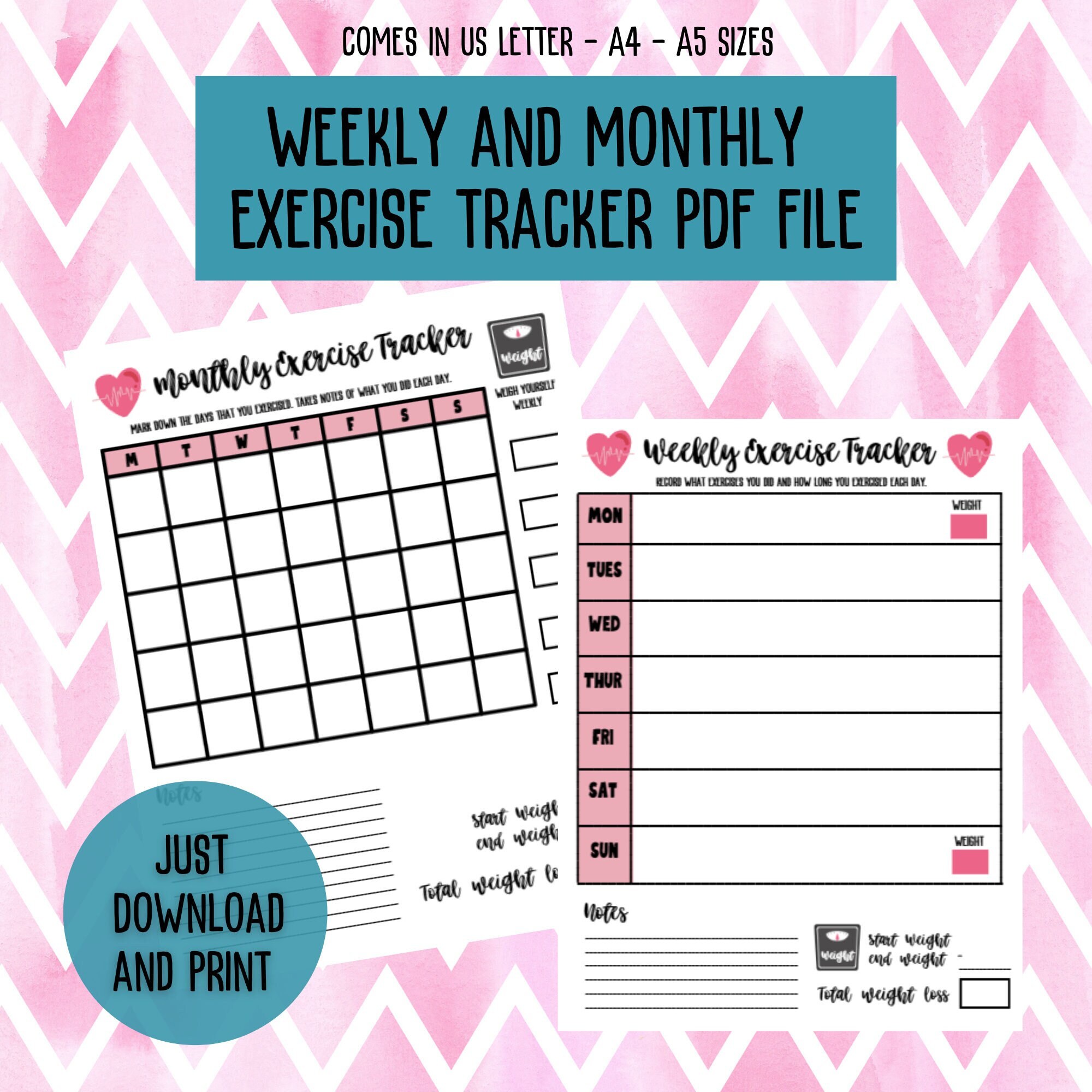 Printable Weekly and Monthly Exercise Tracker Log PDF Fill in Chart ...