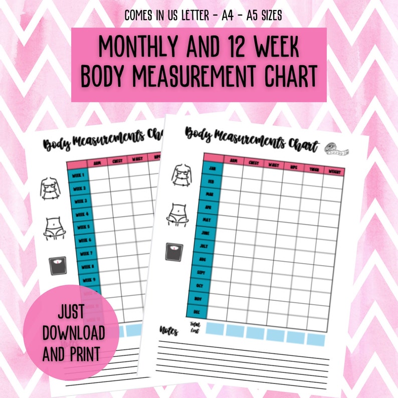 Printable Weekly Body Measurement Chart, PDF Monthly Weight Loss Chart ...
