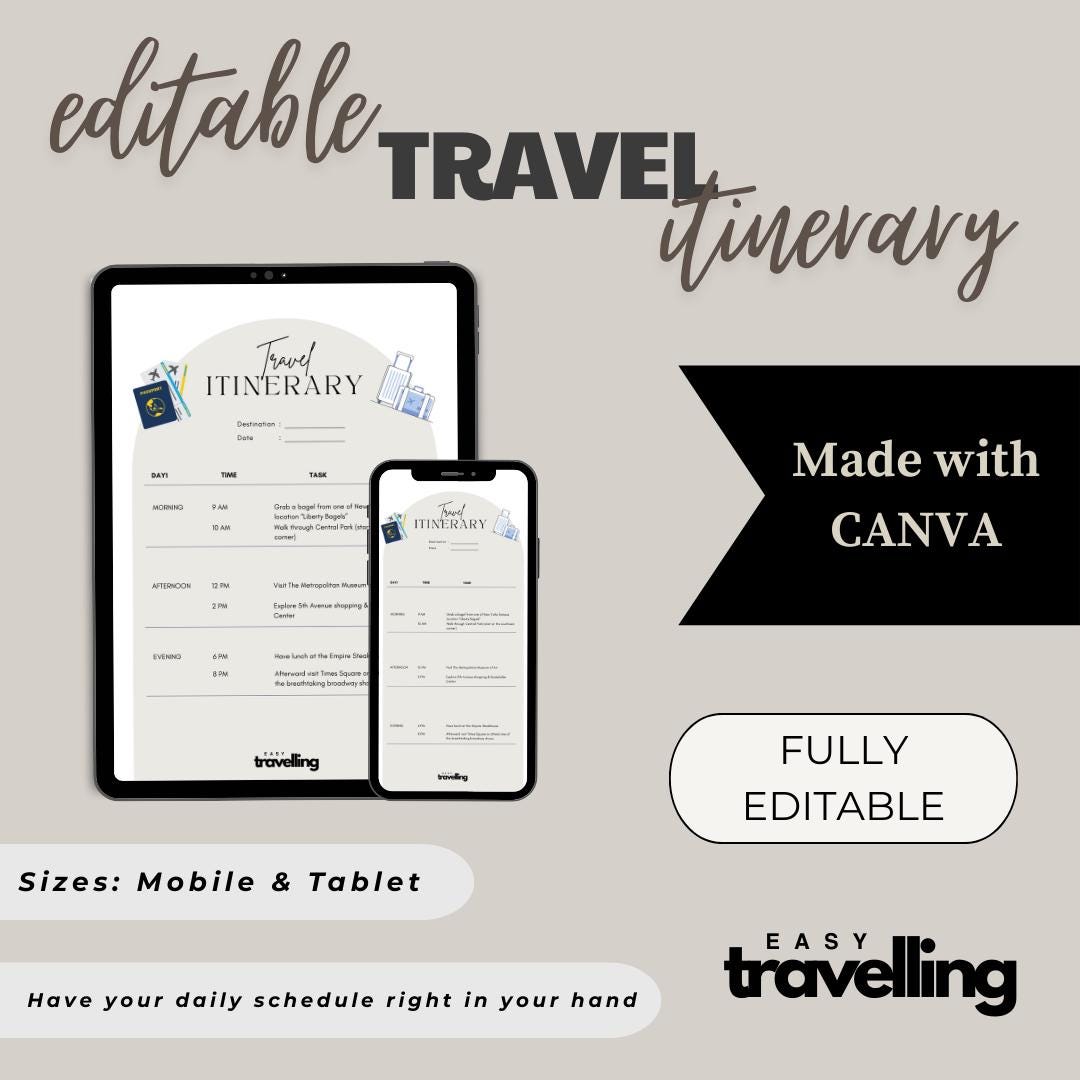 Editable Travel Itinerary Planner | Custom Daily Trip Schedule ...