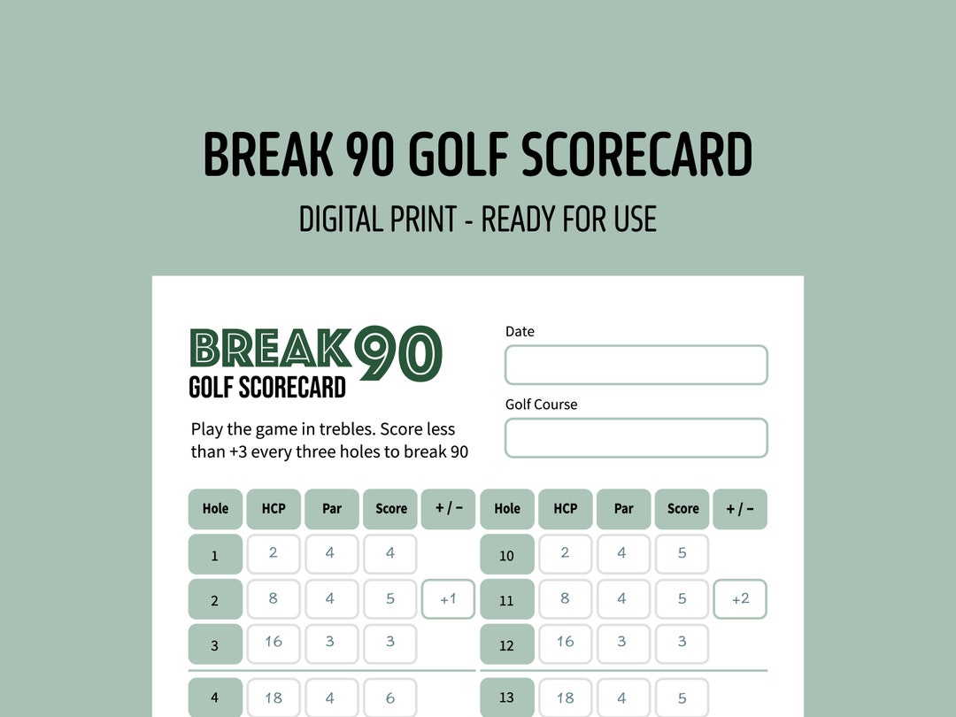 Digital Golf Scorecard Break 90, Golf Gift, Digital Print, Instant ...