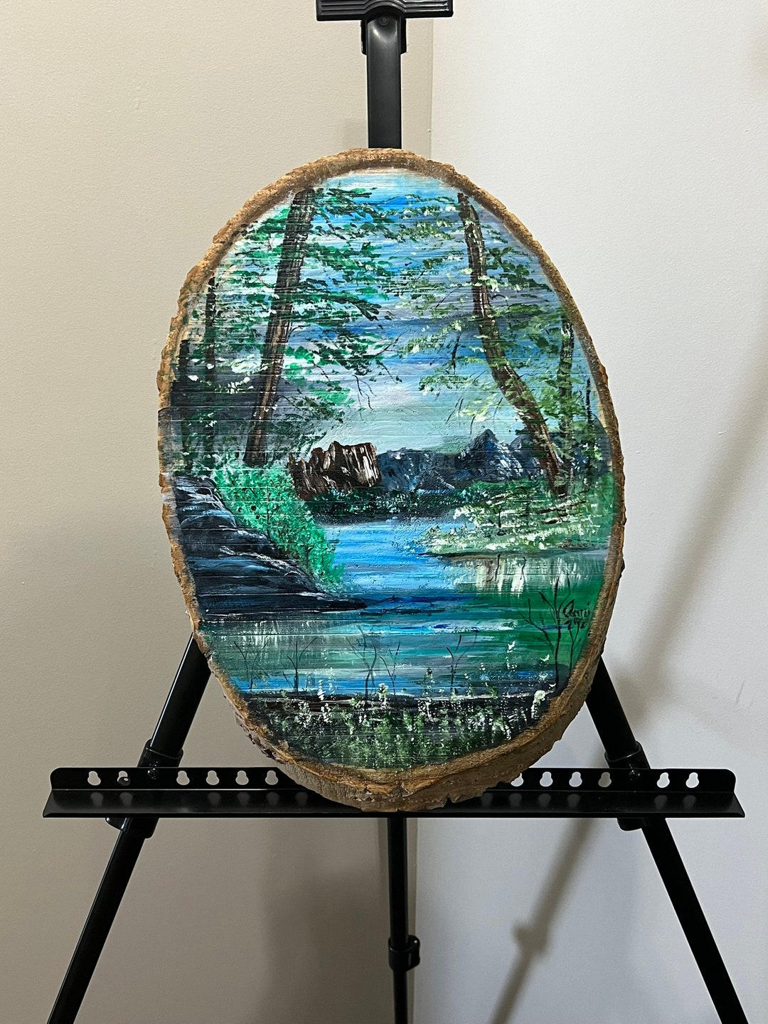 Original, One of a Kind, Hand Painted Wooden Slab, Forest Scene With ...
