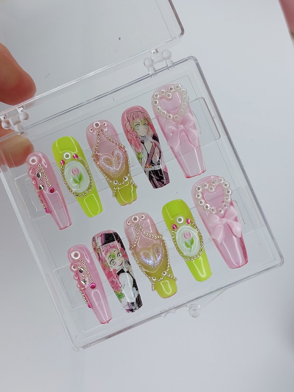 Mitsuri Nails | Kimetsu No Yaiba Nails | Press on Nails | Demon Slayer ...