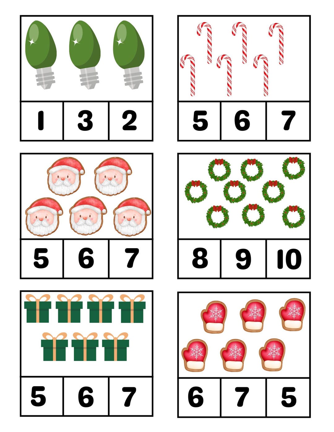 Christmas Math Clip Cards, Kindergarten Clip Cards, Number Recognition ...