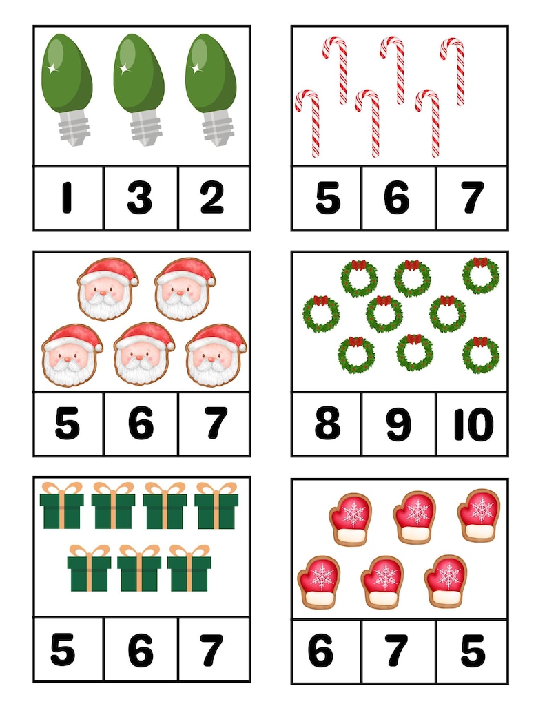 Christmas Math Clip Cards, Kindergarten Clip Cards, Number Recognition ...