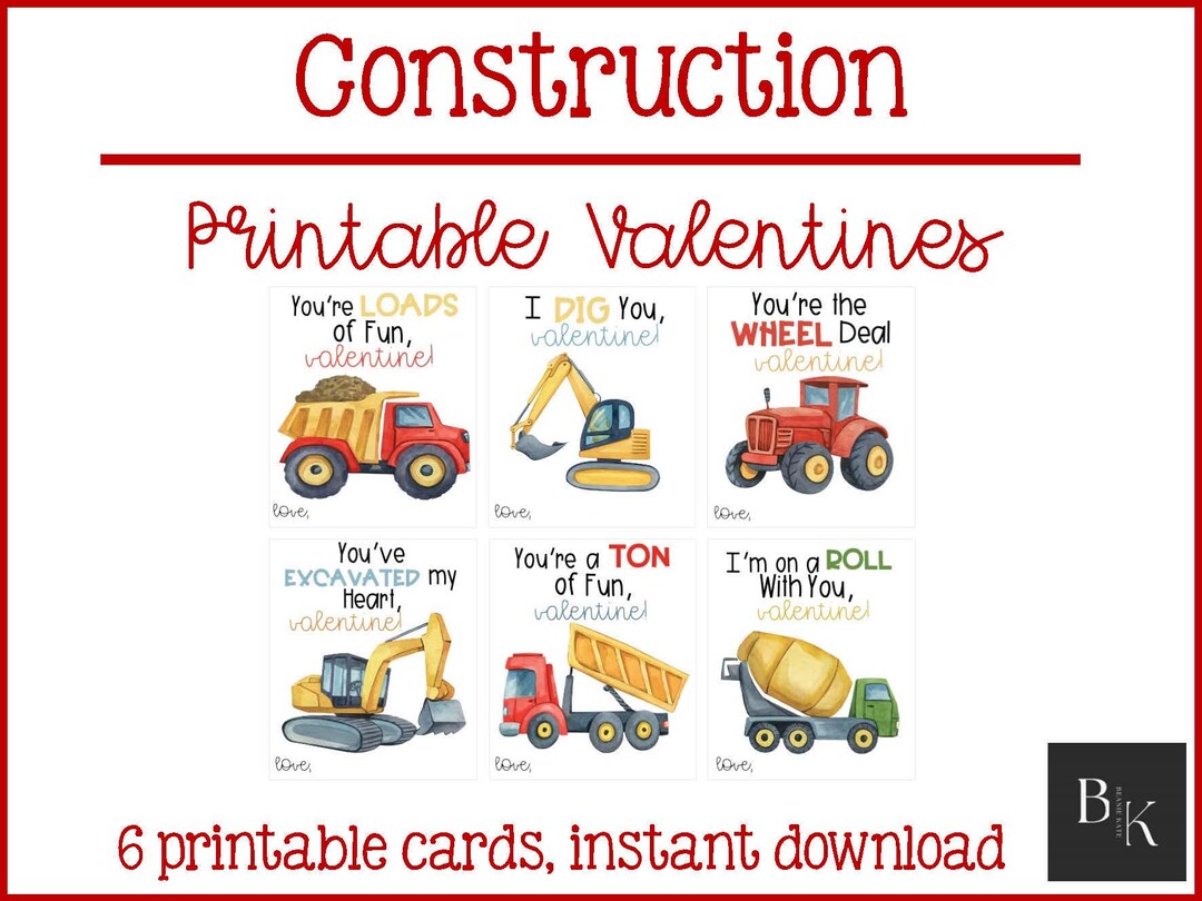 Construction Valentine Cards - Instant Download - Valentine's Day Cards ...